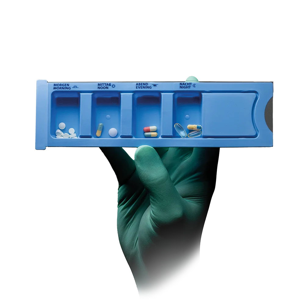 PP Einweg Medikamentendispenser, 4 Fächer, 22,2 x 6 x 1,5 cm, blau, Med ...